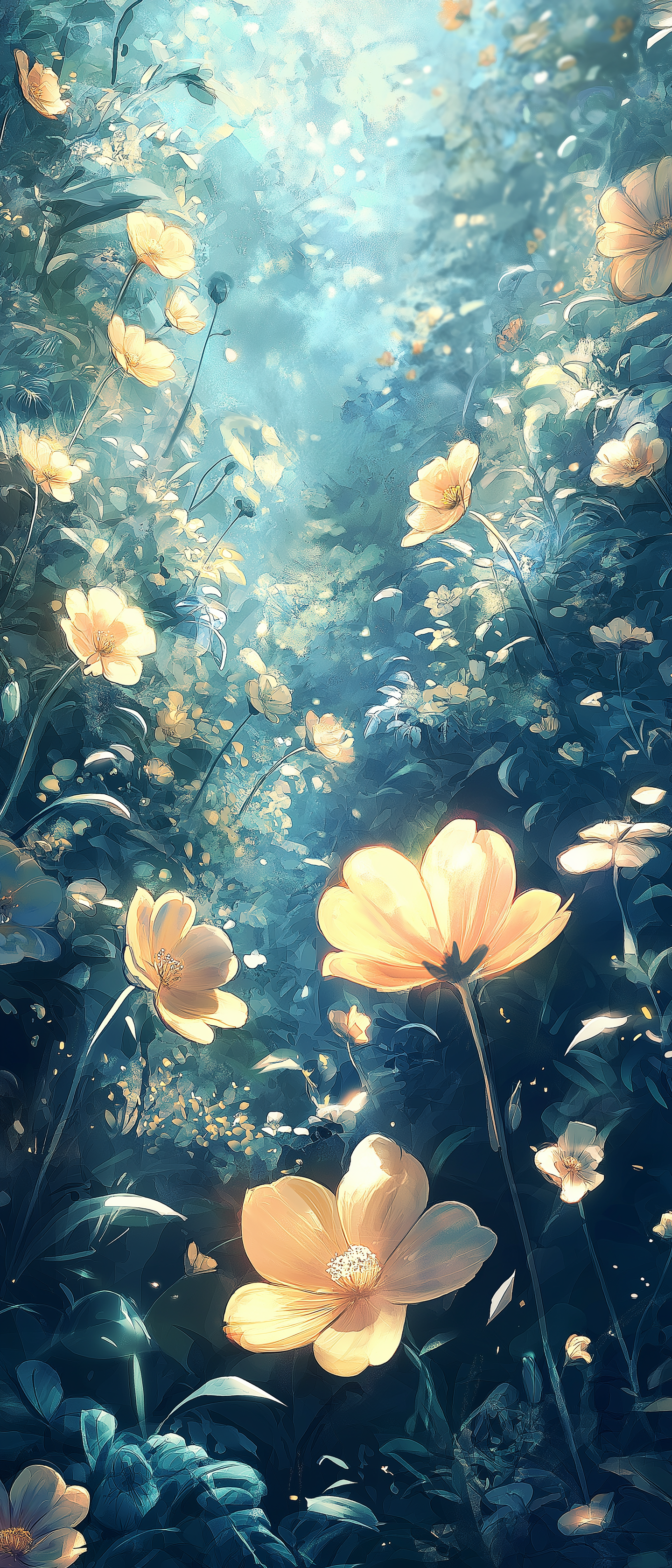 Golden and Blue Flowers Anime-Inspired Smartphone Wallpaper