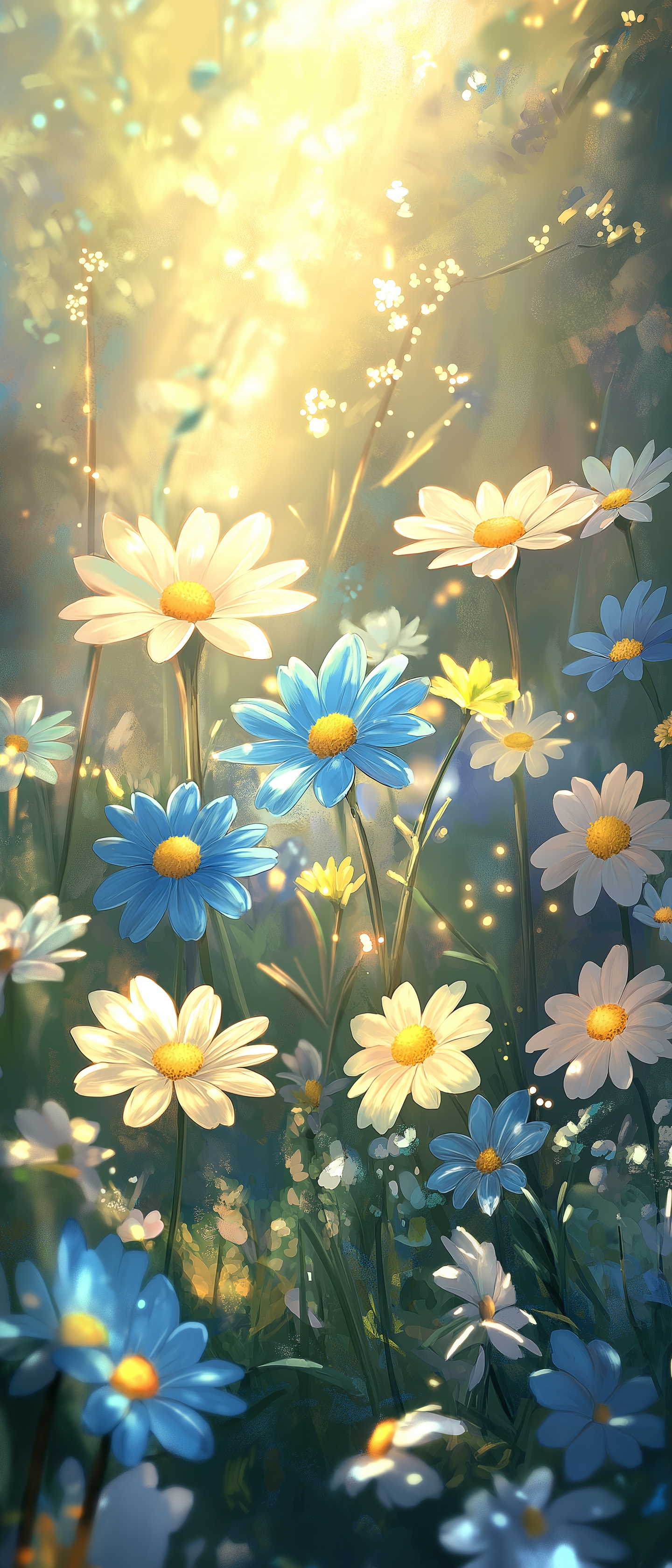 Yellow and Blue Flowers Anime-Inspired Smartphone Wallpaper