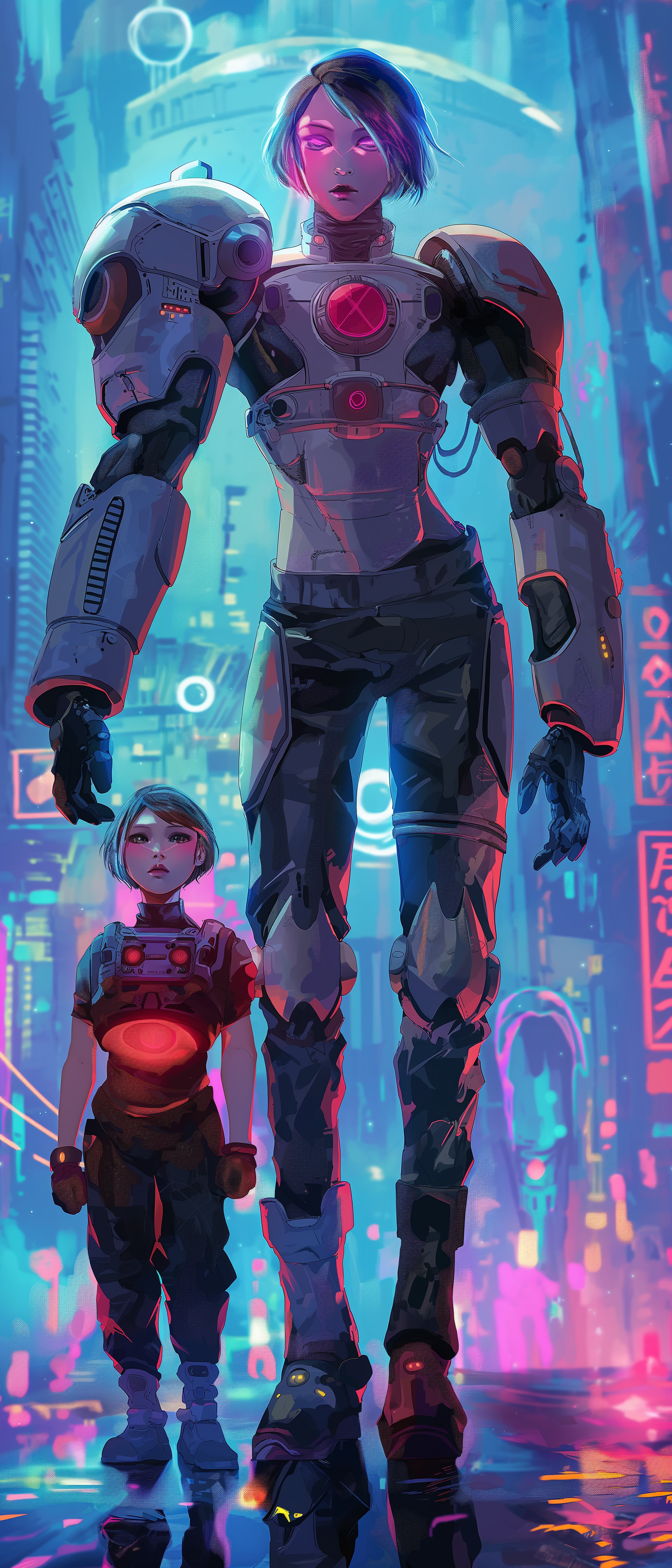 Female Mech Pilot in Neon Cityscape Anime-Inspired Smartphone Wallpaper
